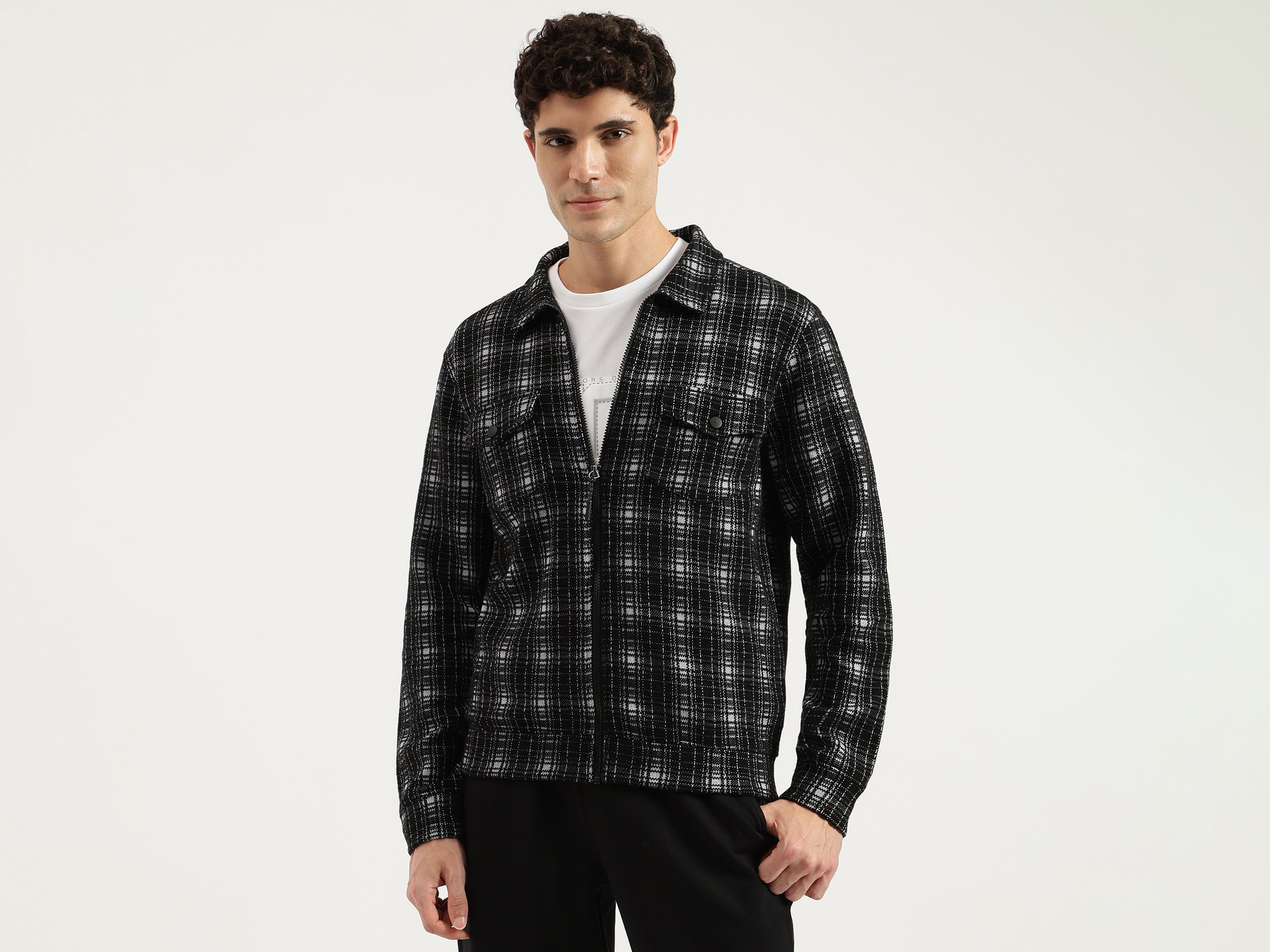 Men Regular Fit Spread Collar Checkered Yarn Zipped Knit Shacket ...