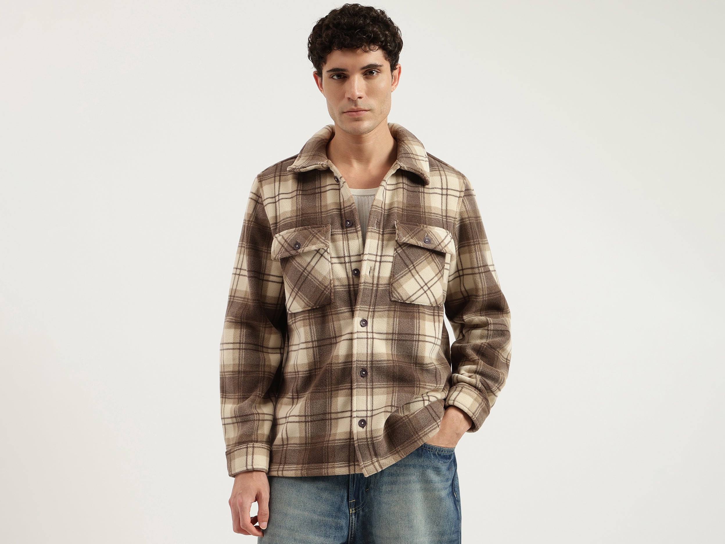 Men Regular Fit Spread Collar Printed Double Pocket Polar Shacket ...